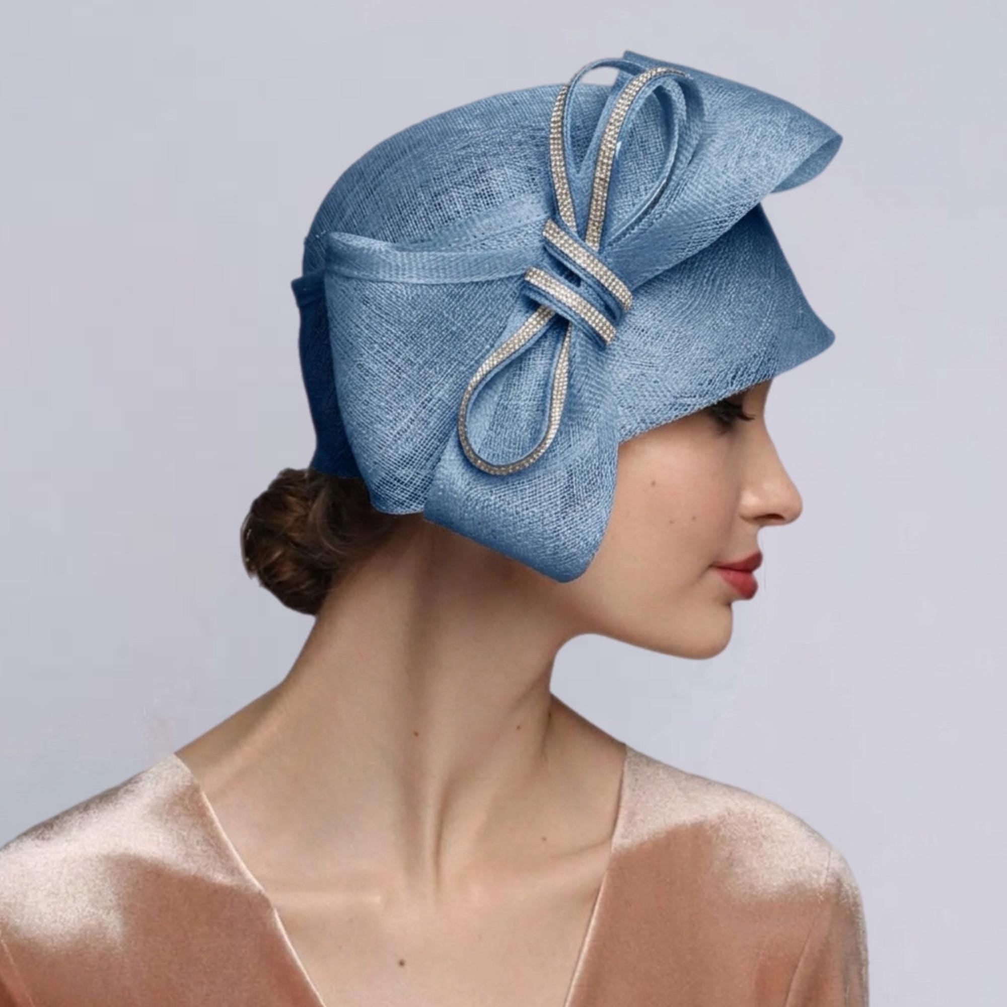 Blue Derby Hat • Elegant Church Hat with Rhinestone Bow – Divahats Boutique